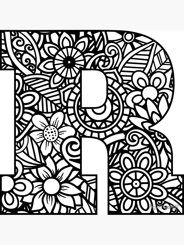 Lámina fotográfica «Letra R Monograma inicial de mandala en blanco y ...