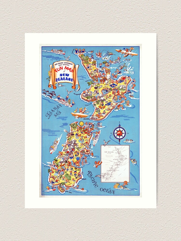 "Vintage Fun Map of New Zealand" Art Print by pdgraphics | Redbubble