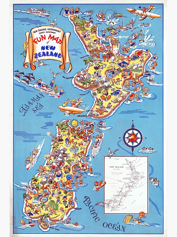 "Vintage Fun Map of New Zealand" Art Print by pdgraphics | Redbubble
