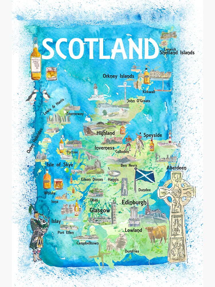 "Scotland Illustrated Map with Landmarks and Highlights " Sticker by ...