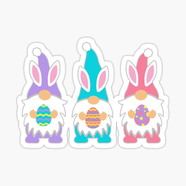 "Three Cute Gnomes with Easter Bunny Ears and Easter Eggs" Sticker by ...
