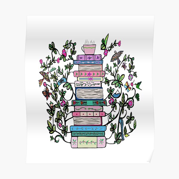 "Fantasy book stack, flowers and more" Poster by KlemetineDesign ...