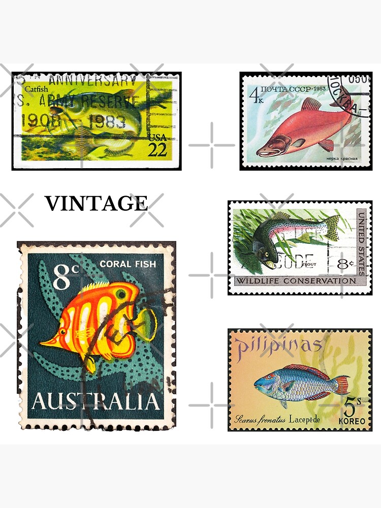 "Vintage Fish Stamp Postage Stamp Sticker Pack Cute Artwork" Art Print ...