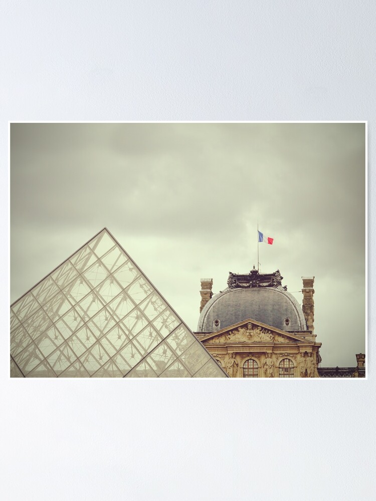"Louvre glass pyramid, french flag and museum in Paris" Poster for Sale ...