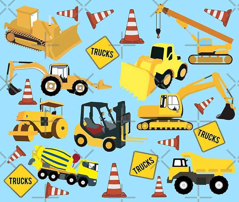 "Construction Trucks Vehicles Pattern - Excavator, Dump Truck, Backhoe ...