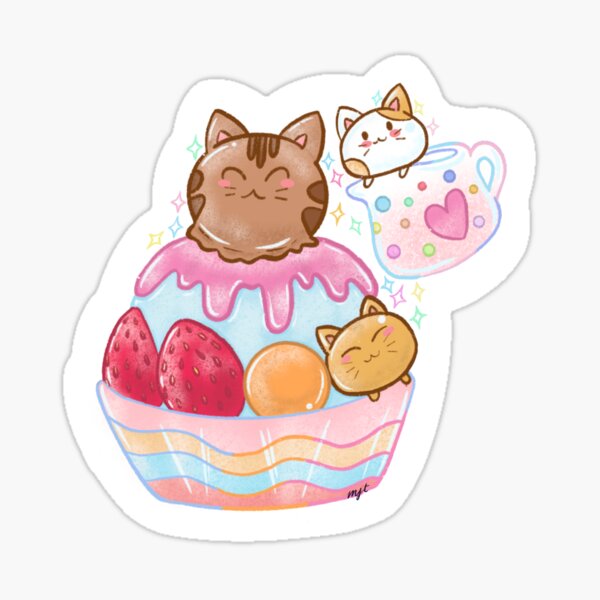 "Cat bingsu and assorted fruits and a cat in the milk cup " Sticker for ...