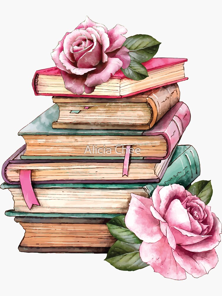 "Stacks of Books with Roses Decorations" Sticker by NiftyTrinket ...