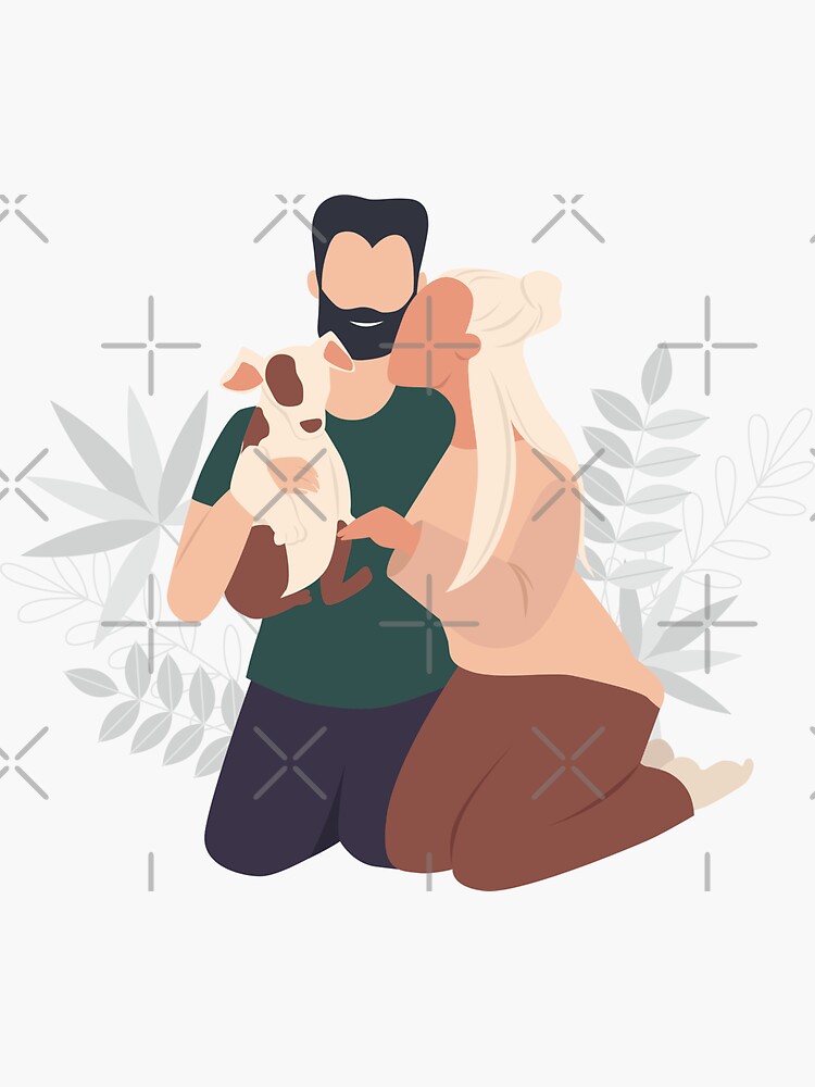 "Abstract cute couple with dog. Man, woman and their pet." Sticker by ...