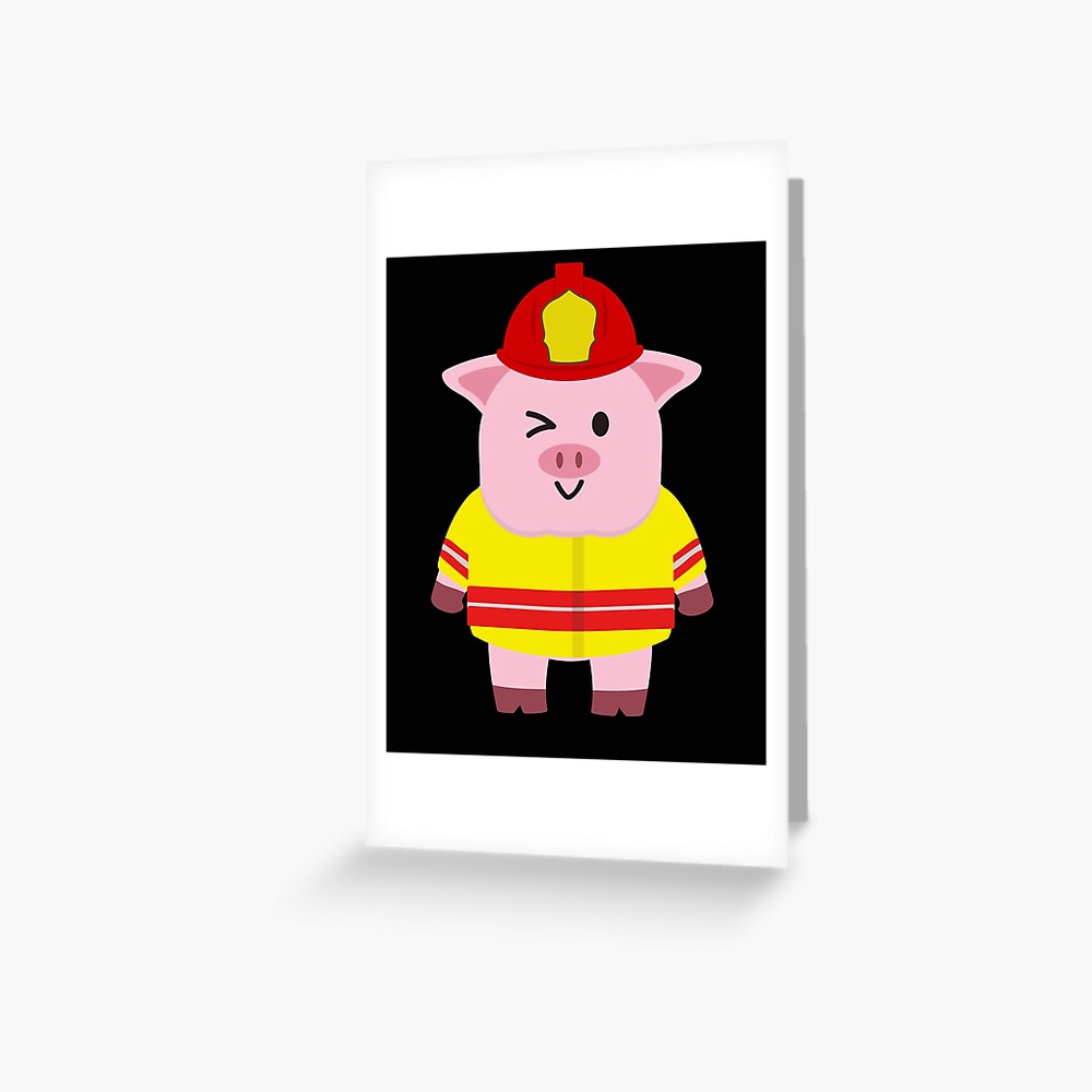 "Fire Brigade Pig Firefighter Piggy Cartoon" Greeting Card by Mrkram ...