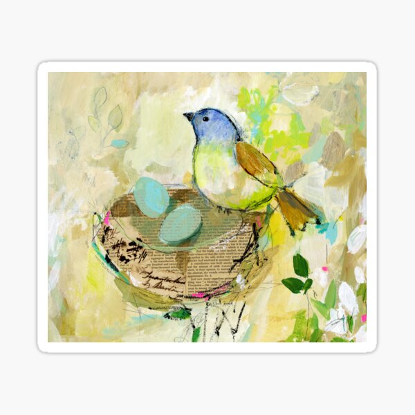 "Nesting bird Mixed media painting" Sticker by suezart | Redbubble
