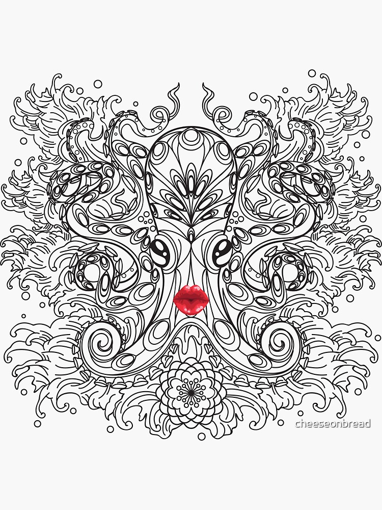 "Black and White Vintage Octopus with Red Lips" Sticker for Sale by ...