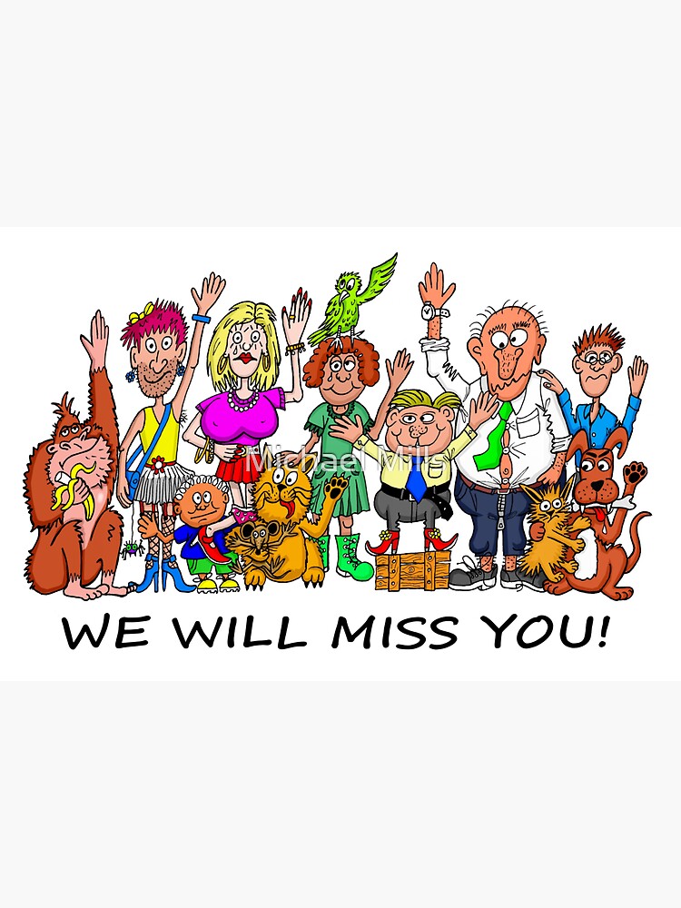 "Leaving card, row of cartoon people waving good bye" Sticker for Sale ...