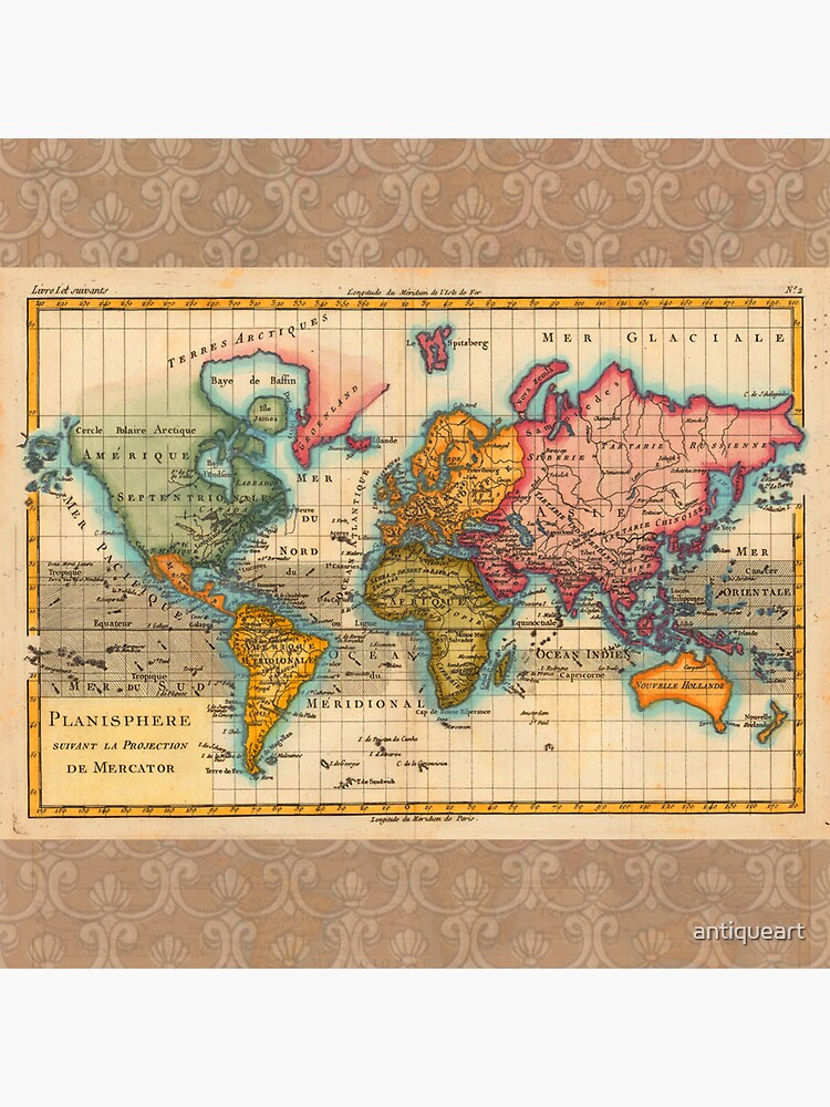 "World Map 1700s Antique Vintage Hemisphere Continents Geography ...