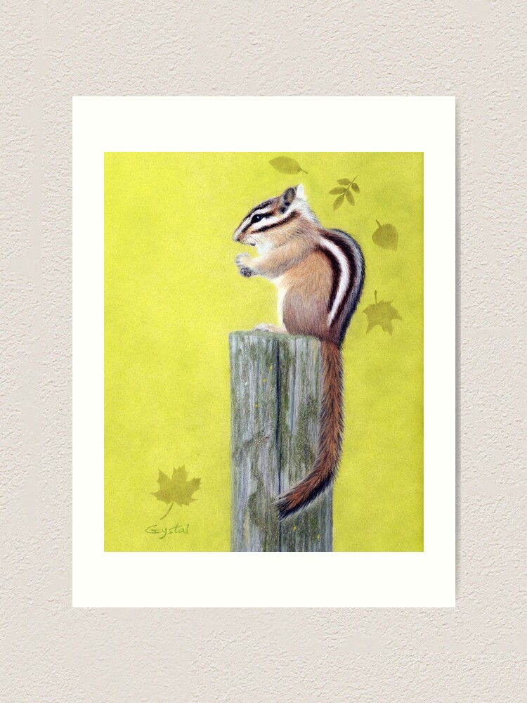 "Glorious - pastel pencil drawing of a chipmunk sitting on a tree stump ...