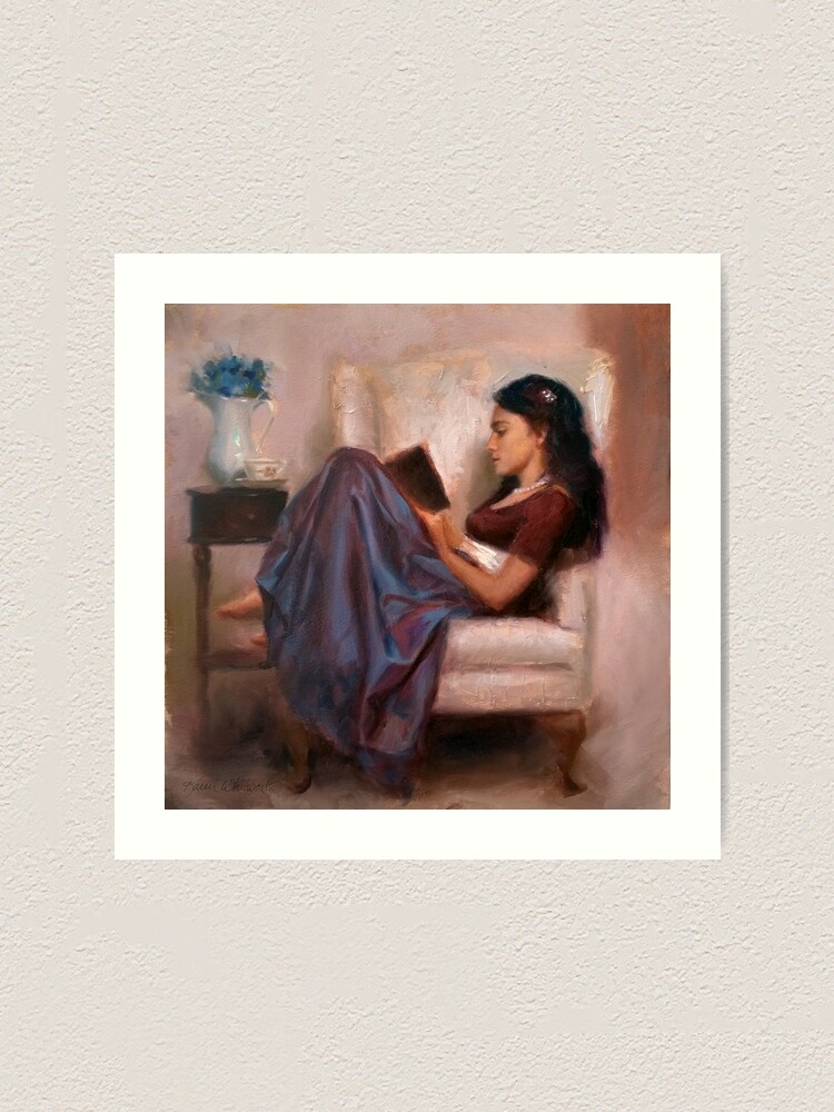 "Portrait of woman reading a book in a comfy chair" Art Print for Sale ...