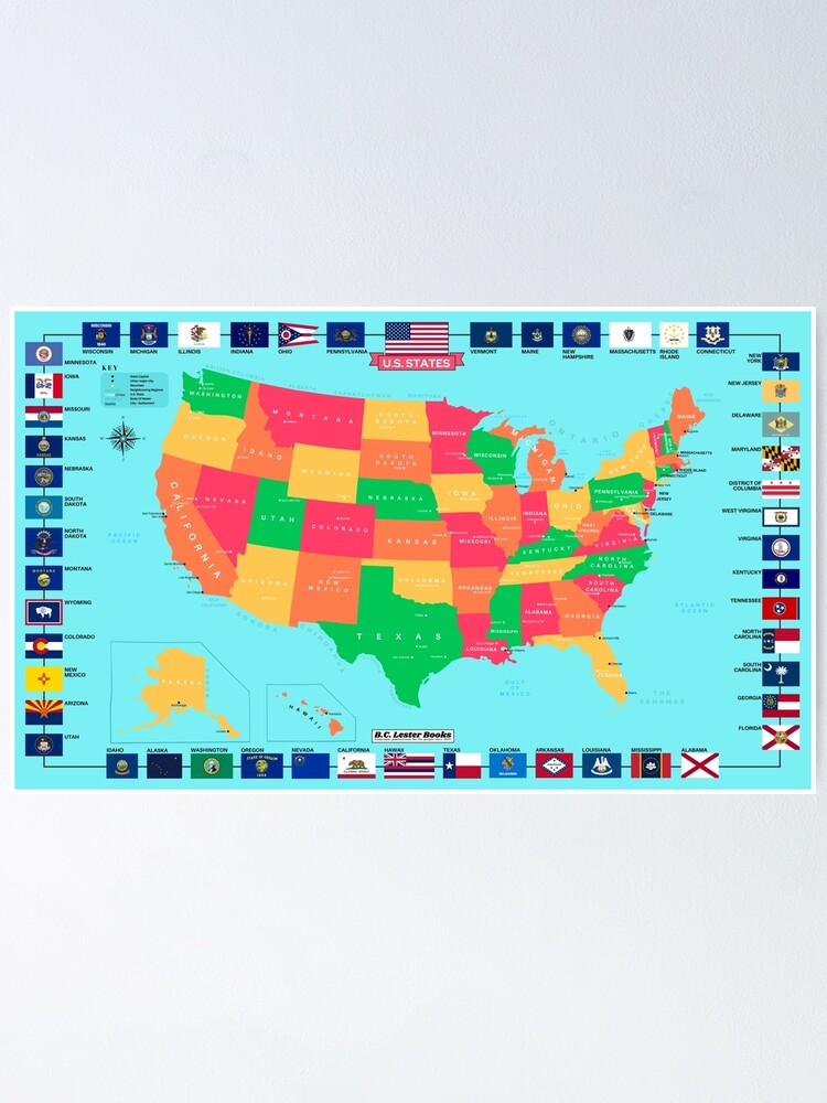 "Detailed USA Map With State Flags" Poster for Sale by BCLester | Redbubble