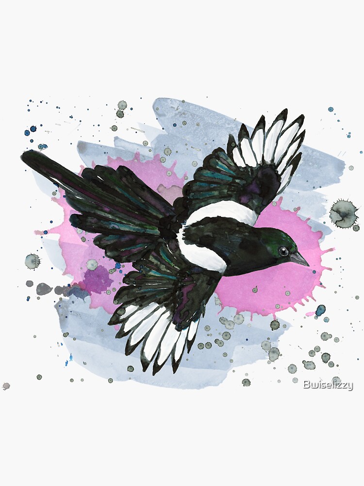 " A watercolor drawing of a flying magpie" Sticker by Bwiselizzy ...