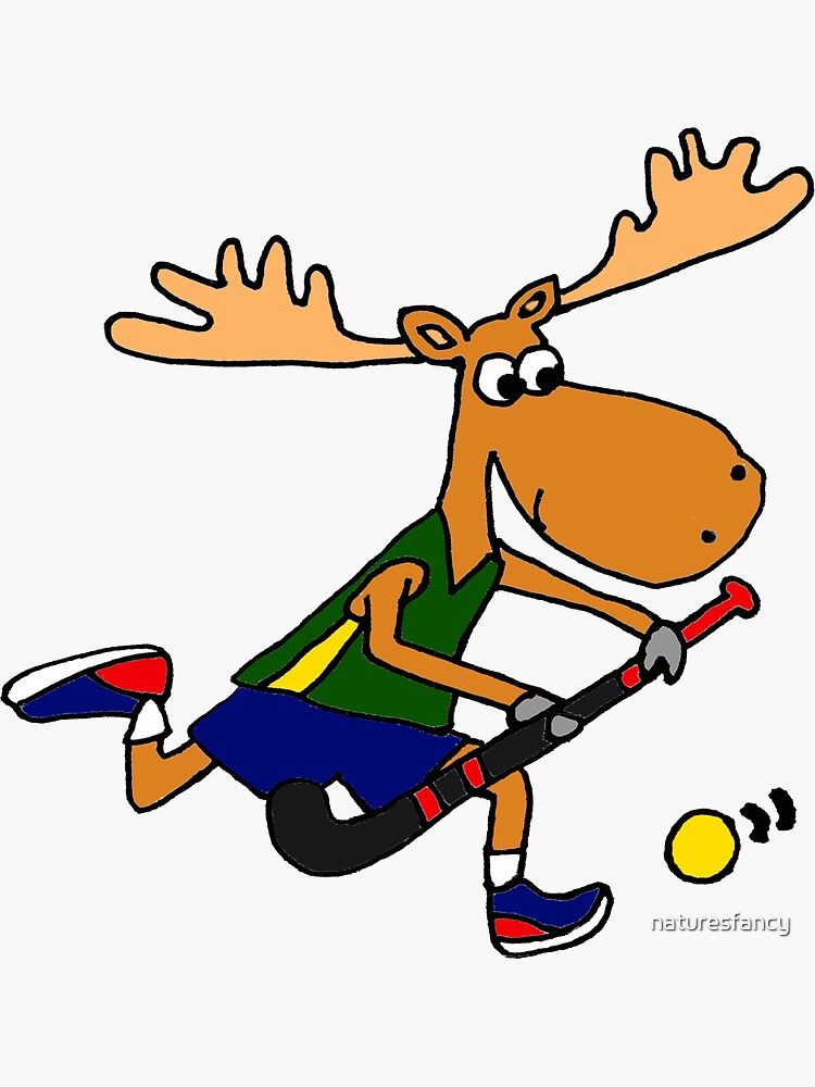 "Funny Cool Moose Playing Field Hockey Cartoon" Sticker for Sale by ...