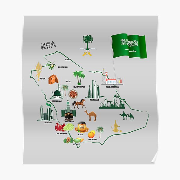"Saudi Arabia Map tourist attractions cities flag" Poster for Sale by ...