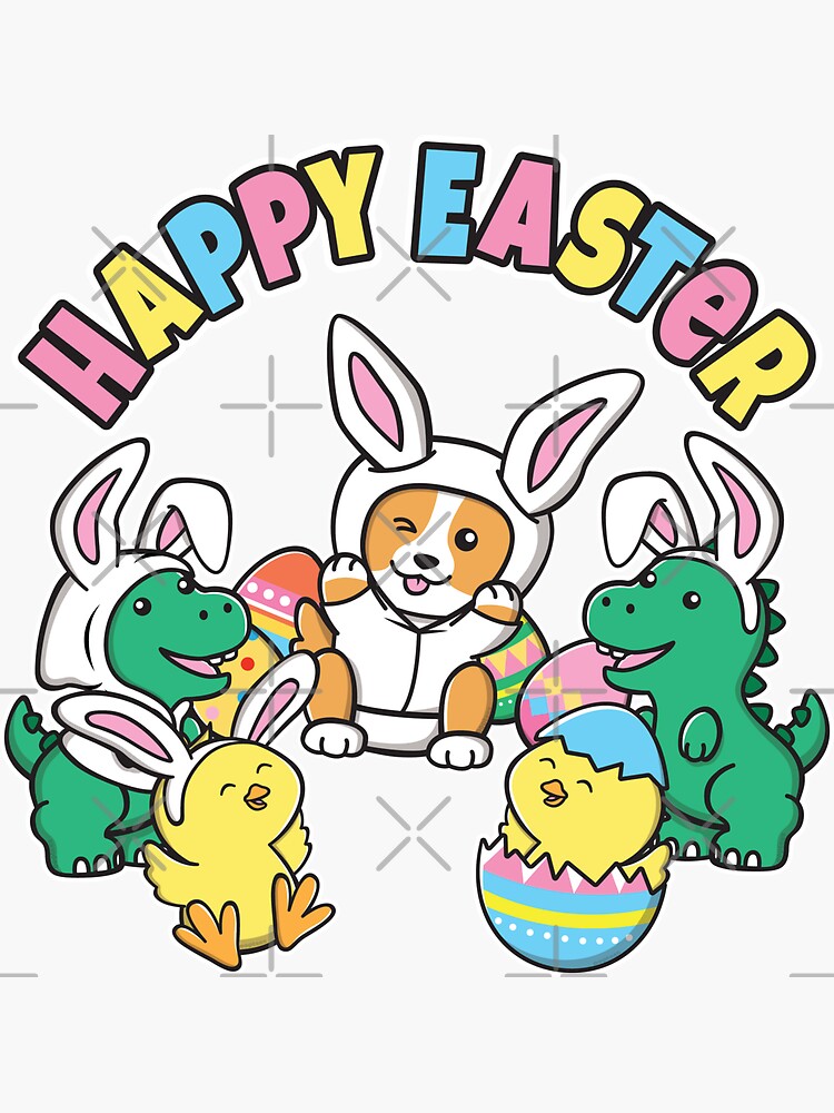 "Happy Easter Corgi Dog Dinosaur and Yellow Chick Easter Pals" Sticker ...