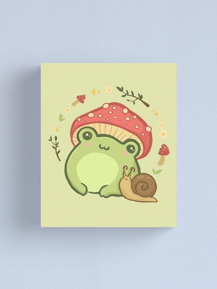 Lienzo «super Cute Kawaii Frog Con Toadstool Mushroom Hat Snail