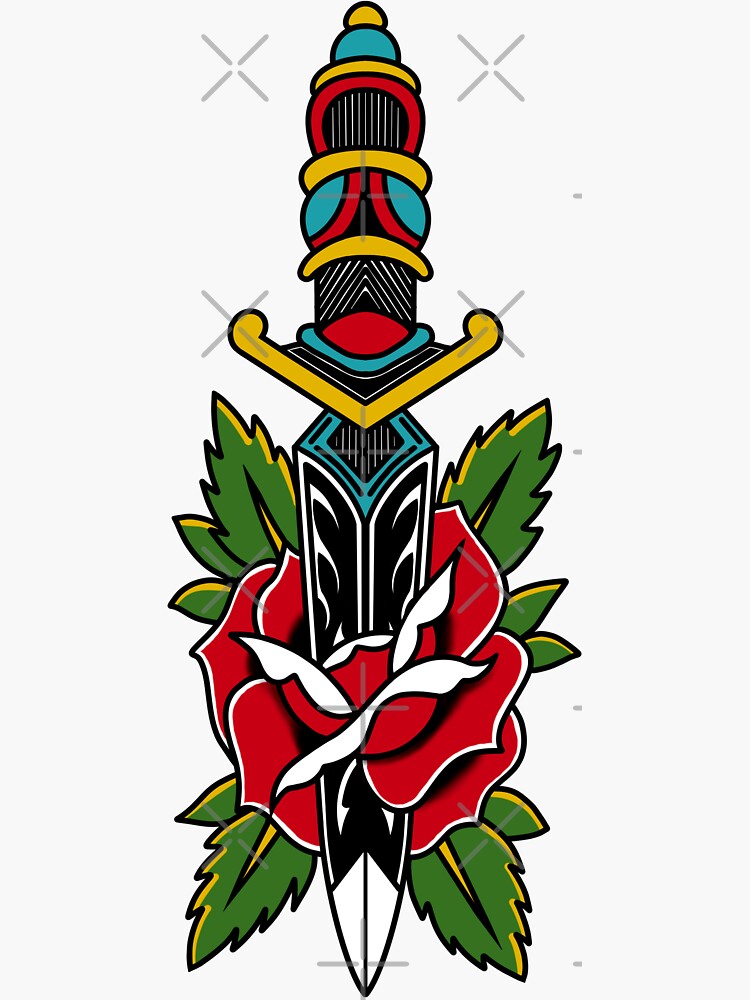 Pegatina «Daga tradicional americana y tatuaje de rosas kgbd» de Kraken ...