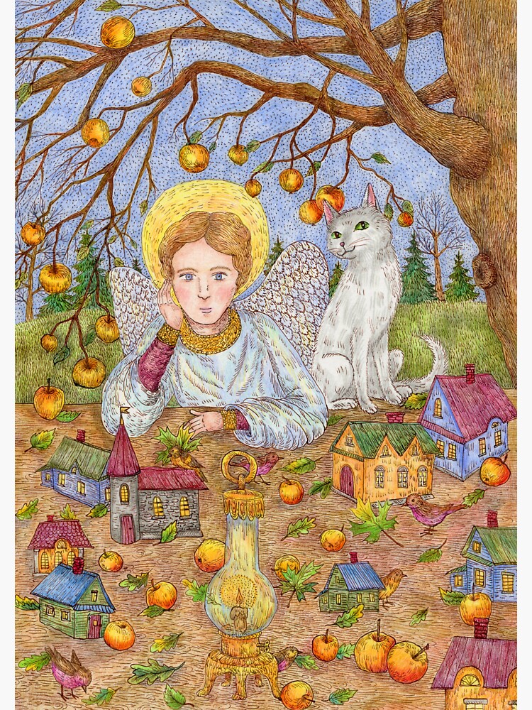 "Angel and white cat in the autumn garden. Drawing with ink and colored ...