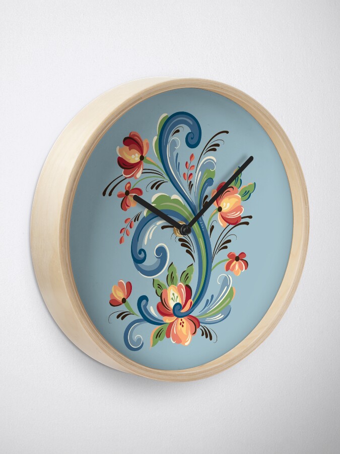 "Rosemaling Blue and Red" Clock for Sale by Barbara Pixton | Redbubble