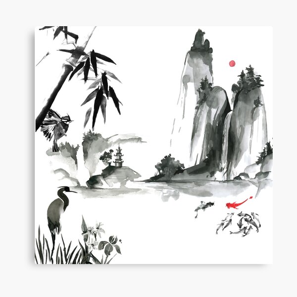 "Sumi e paintings Japan Autumn Landscape" Canvas Print for Sale by ...