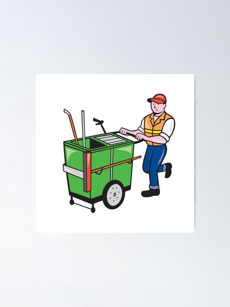 "Streeet Cleaner Pushing Trolley Cartoon Isolated" Poster by patrimonio ...