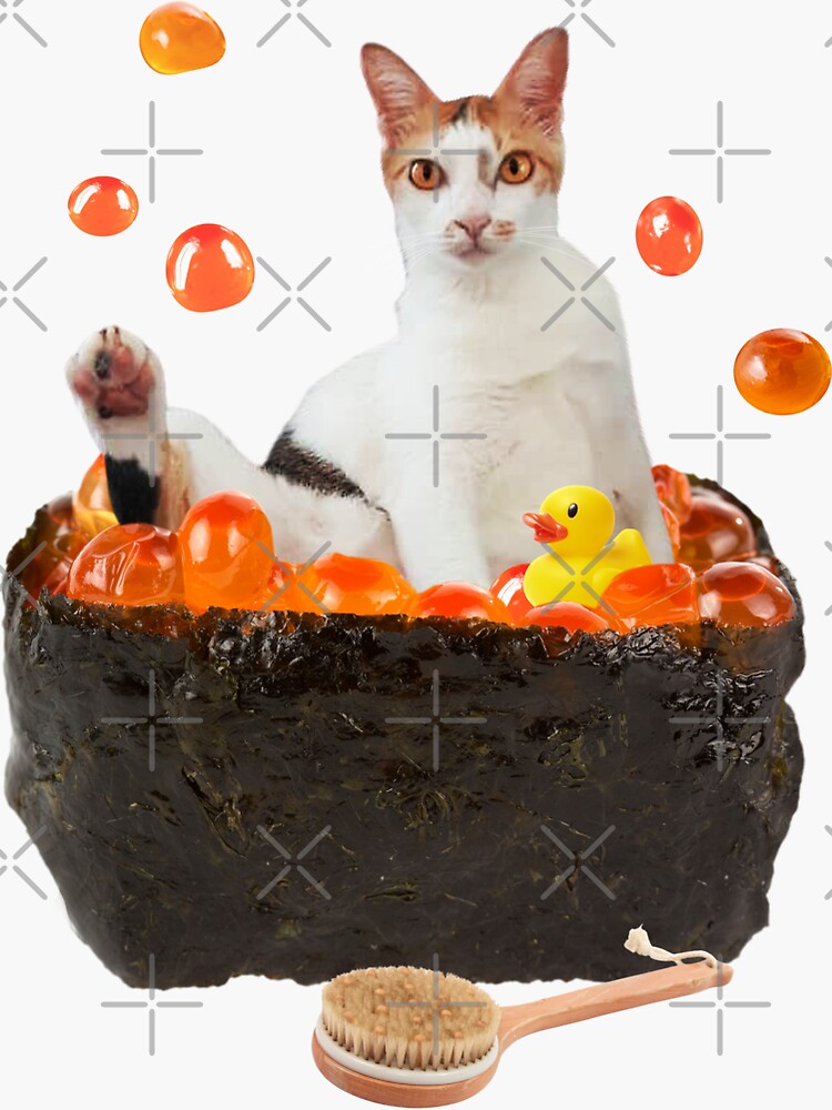 "Cat Bathing in Luxurious Salmon Caviar | Sushi Cat" Sticker for Sale ...