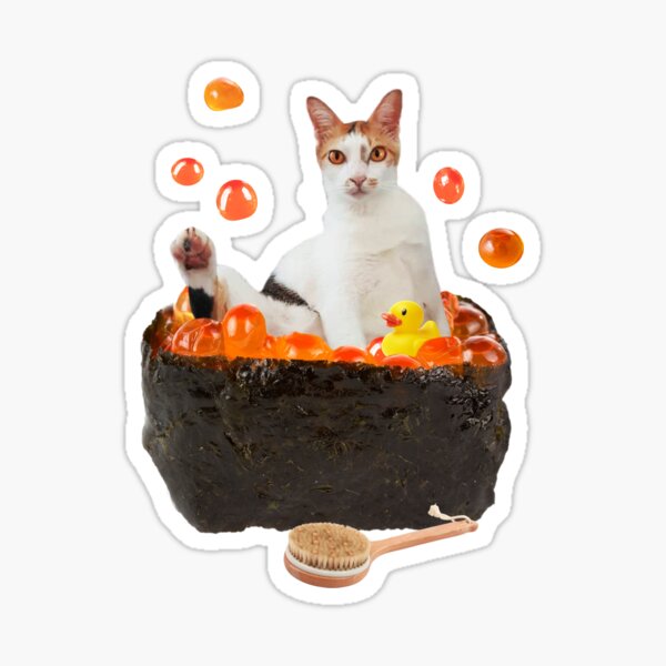 "Cat Bathing in Luxurious Salmon Caviar | Sushi Cat" Sticker for Sale ...