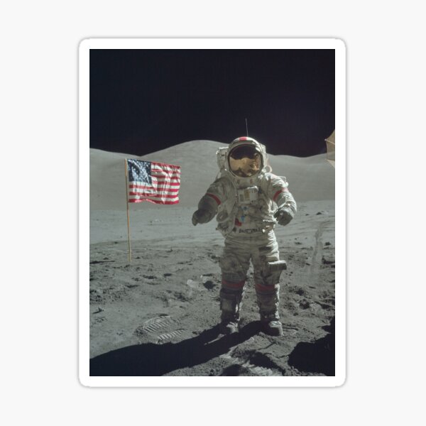 "Project Apollo, moon landing astronaut with USA flag." Sticker by ...