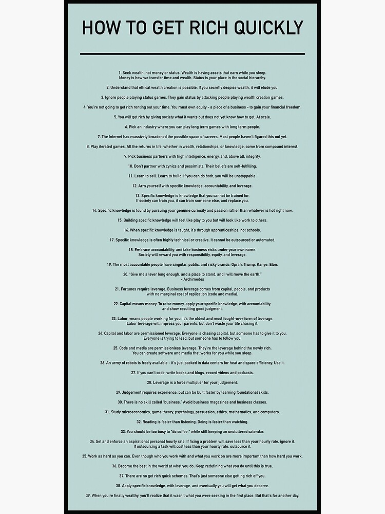 "Naval How To Get Rich Quickly" Poster for Sale by JamiePullThatUp ...