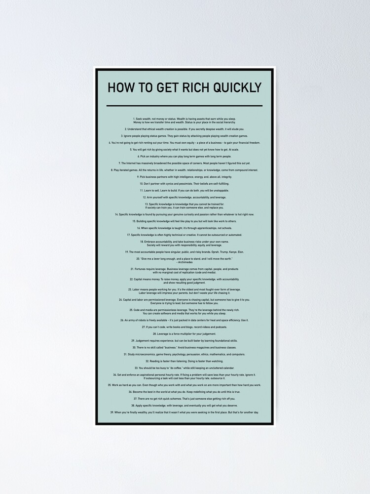 "Naval How To Get Rich Quickly" Poster for Sale by JamiePullThatUp ...