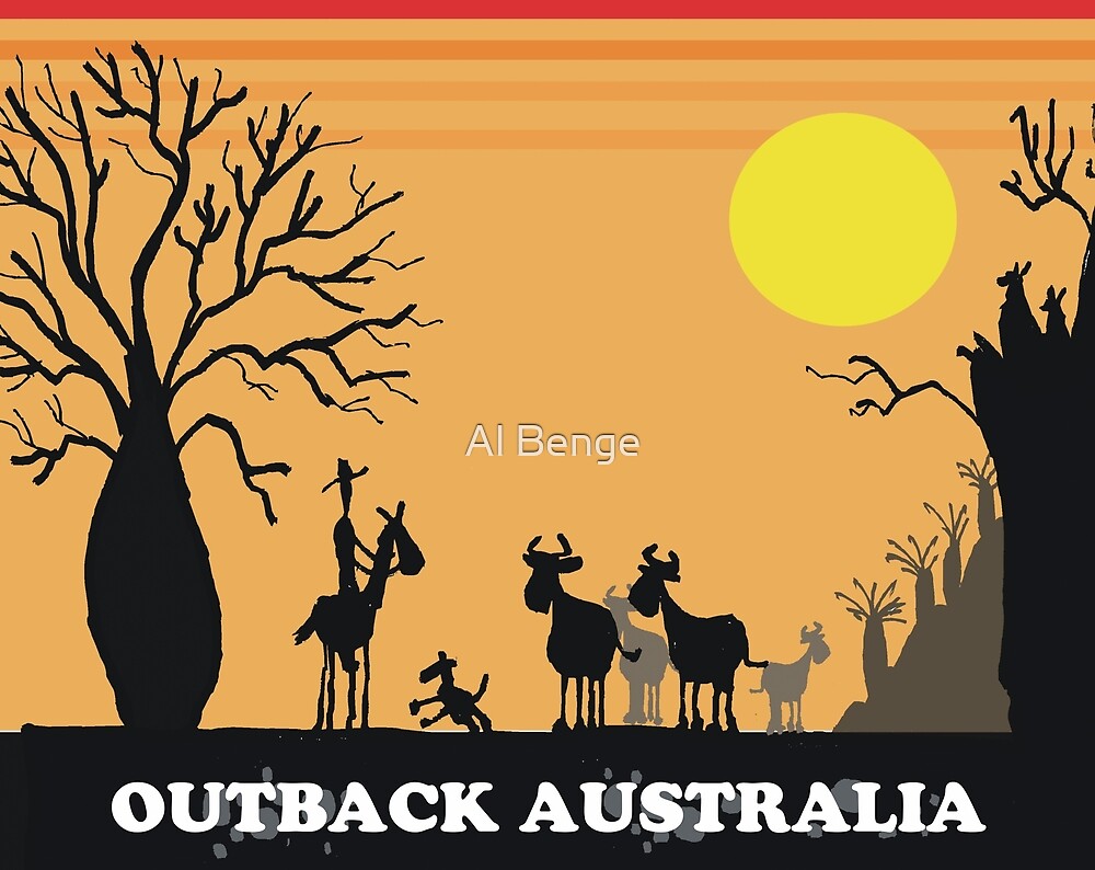 "Cartoon style silhouette aussie outback scene with stockman and cattle ...