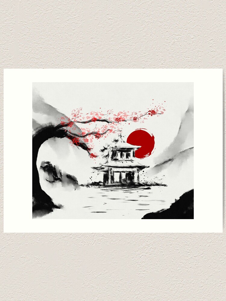 "Japanese cherry blossom tree pagoda Ink Drawing Sakura Sumi-e" Art ...