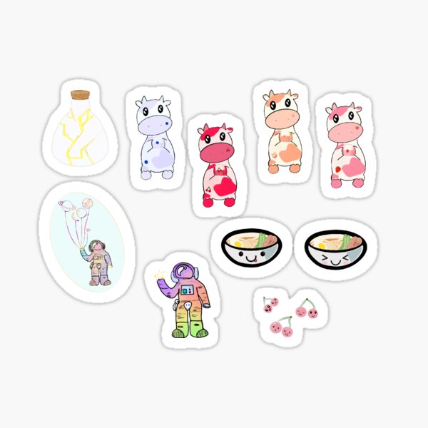 "Cute sticker pack with fruit cows, ramen, astronauts, and cherries ...