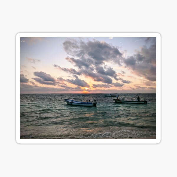 "Boats at Sunrise - Puerto Morelos, Mexico" Sticker for Sale by ...