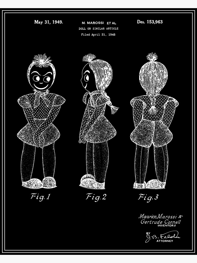 "Creepy Doll Patent - Black" Sticker by FinlayMcNevin | Redbubble
