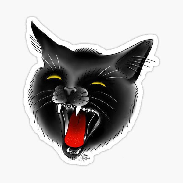 "American Traditional Black Cat Yawning" Sticker for Sale by ...