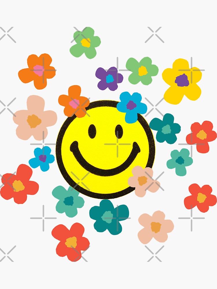 "Retro flowers with a smiley face" Sticker for Sale by vividchic ...