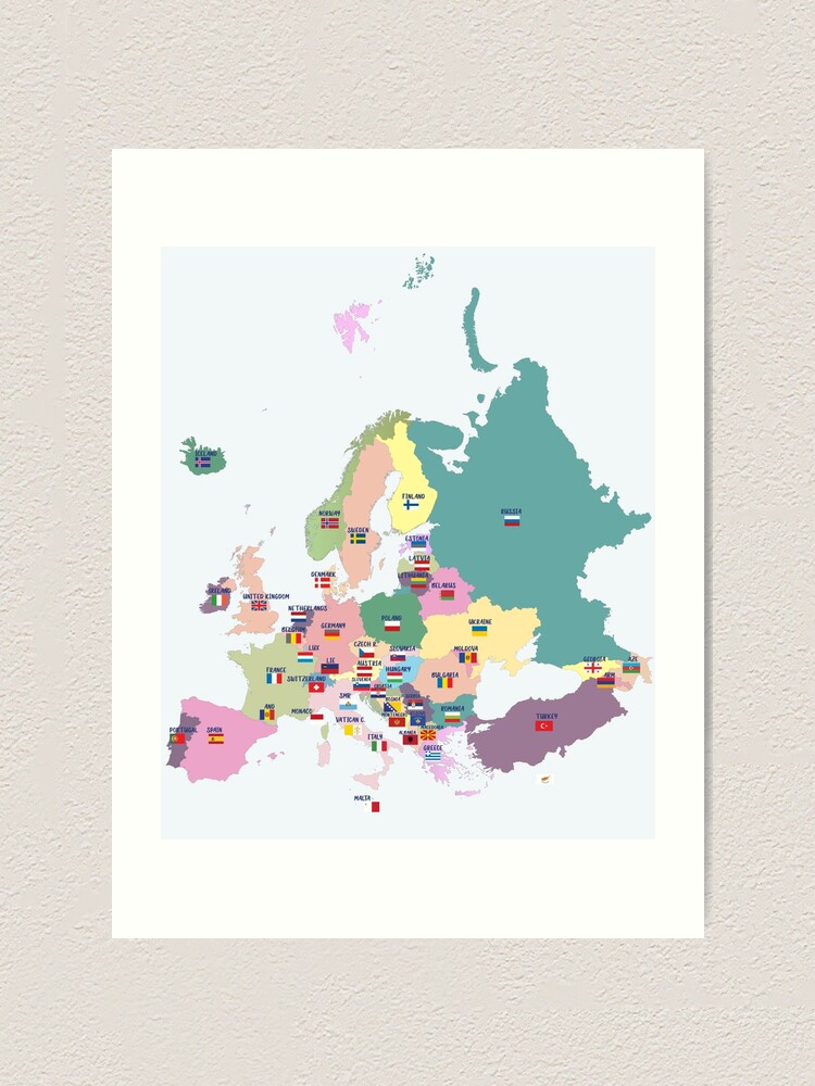 "Colorful map of Europe with national flags, Country names" Art Print ...