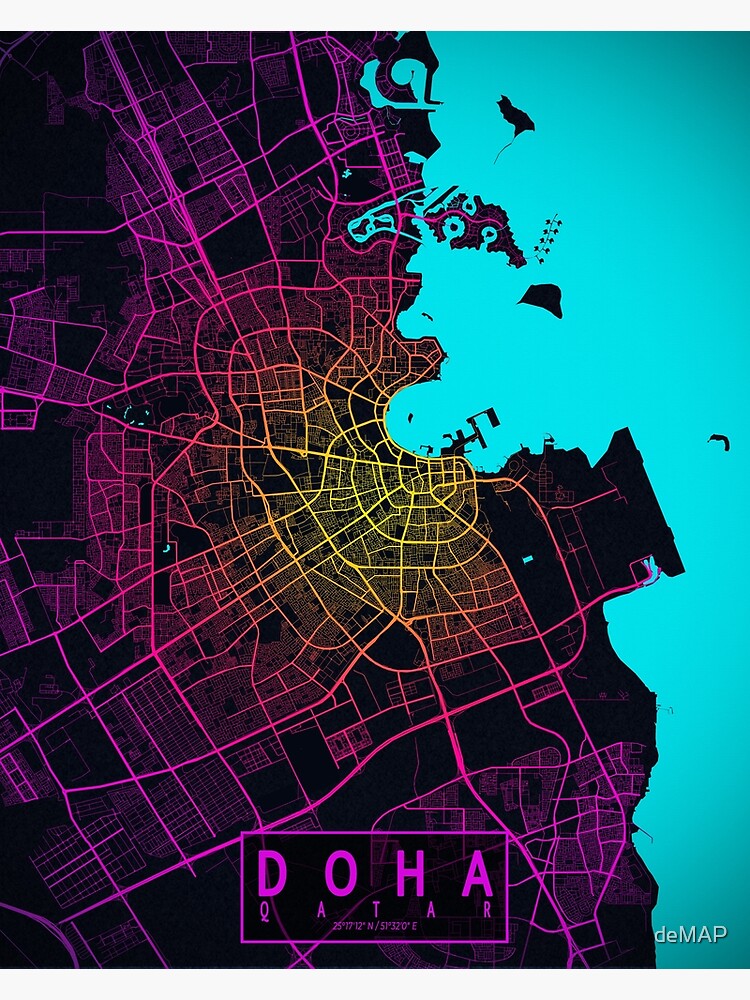 "Doha City Map of Qatar - Neon" Poster for Sale by deMAP | Redbubble