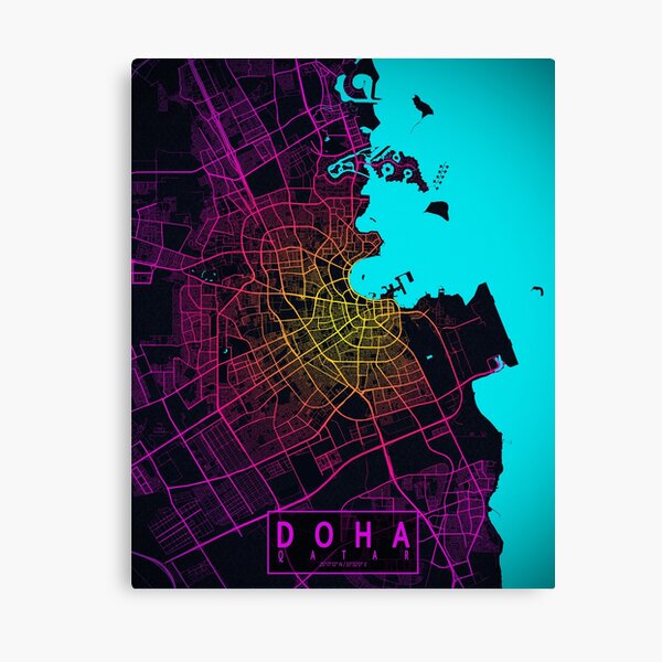"Doha City Map of Qatar - Neon" Canvas Print for Sale by deMAP | Redbubble