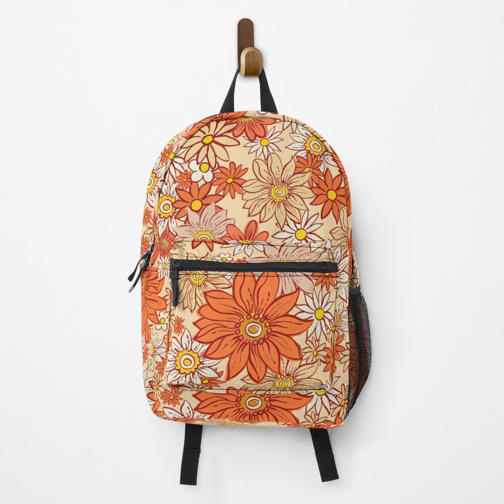 "70s retro orange small flowers, boho, flower power" Backpack for Sale ...