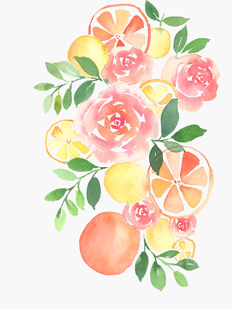 "Citrus and Roses Watercolor Floral Bouquet" Sticker for Sale by ...