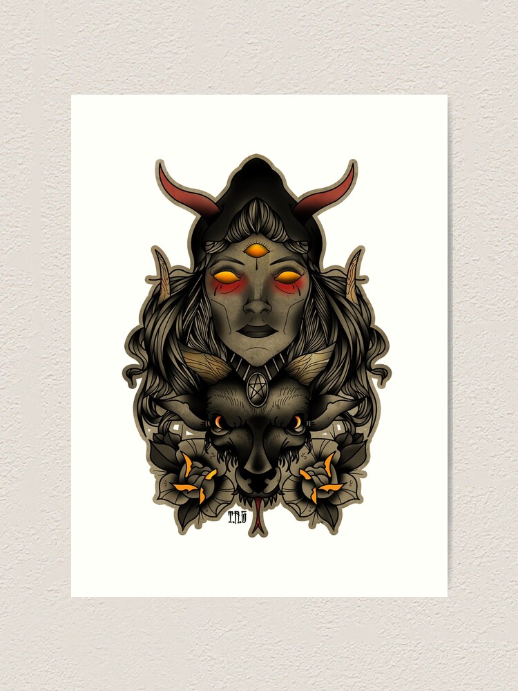 "Neo Traditional Devil Woman Tattoo Design" Art Print for Sale by ...