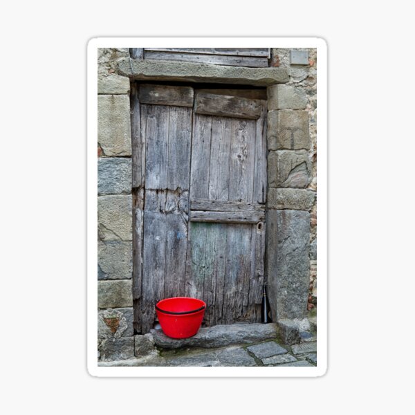 "Rustic wooden door and red bucket." Sticker for Sale by cloud7 | Redbubble
