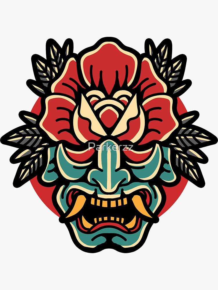 "Japanese Oni Rose Old School Tattoo Style Design" Sticker for Sale by ...
